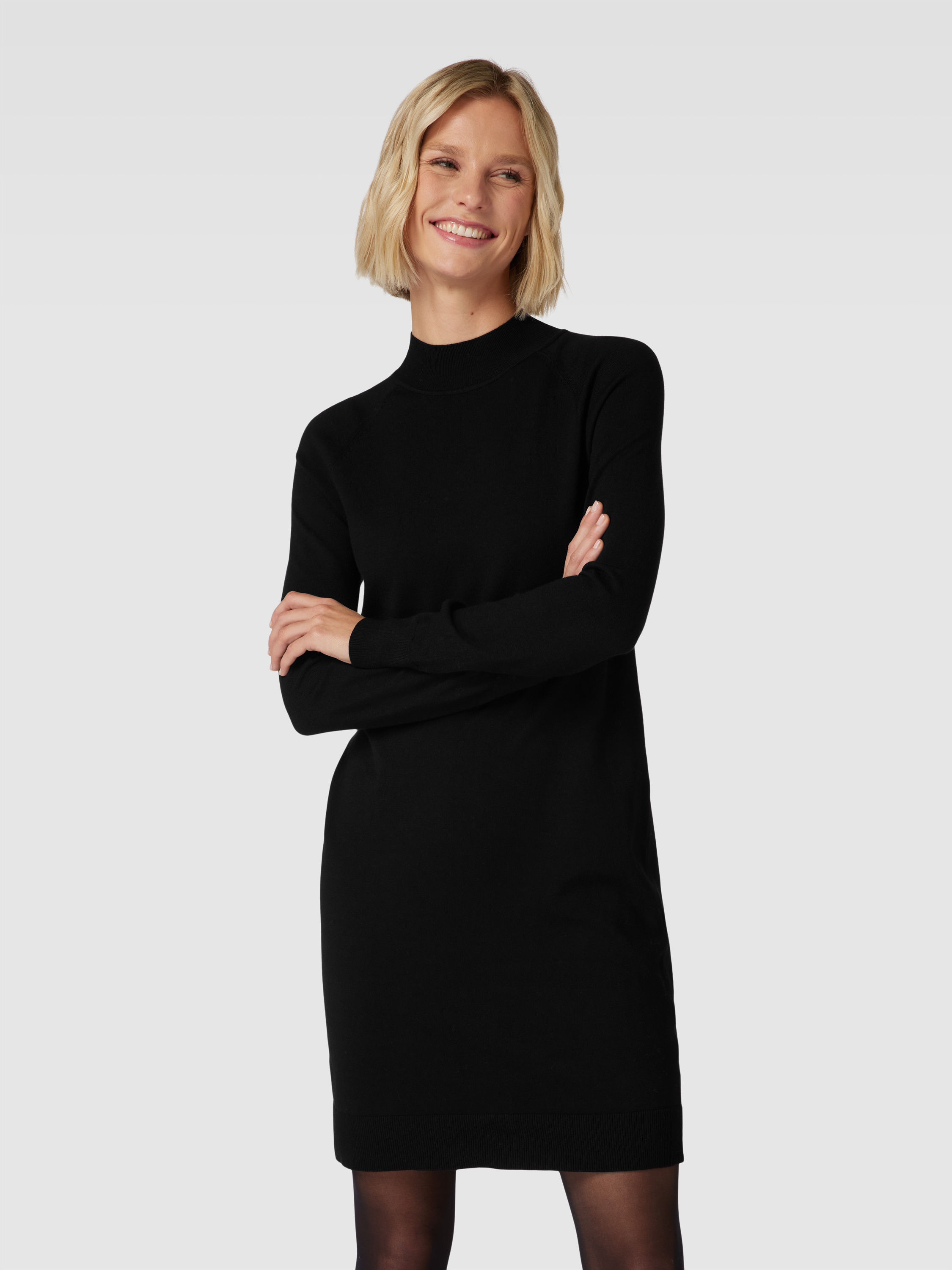 comma Knielange gebreide jurk met kleine opstaande kraag in zwart online kopen | P&C