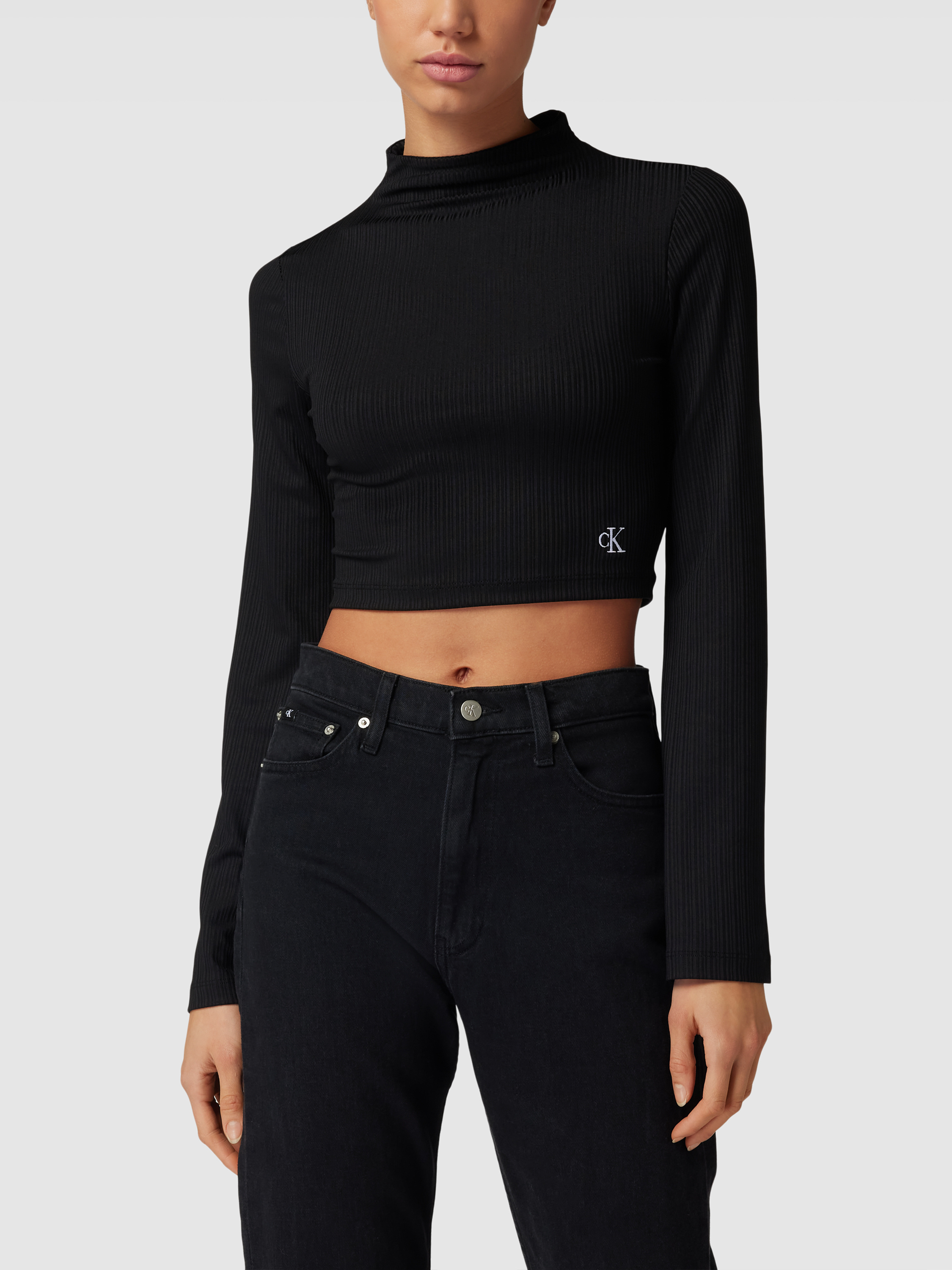 Calvin Klein Jeans Kort shirt met lange mouwen en ribstructuur in zwart ...