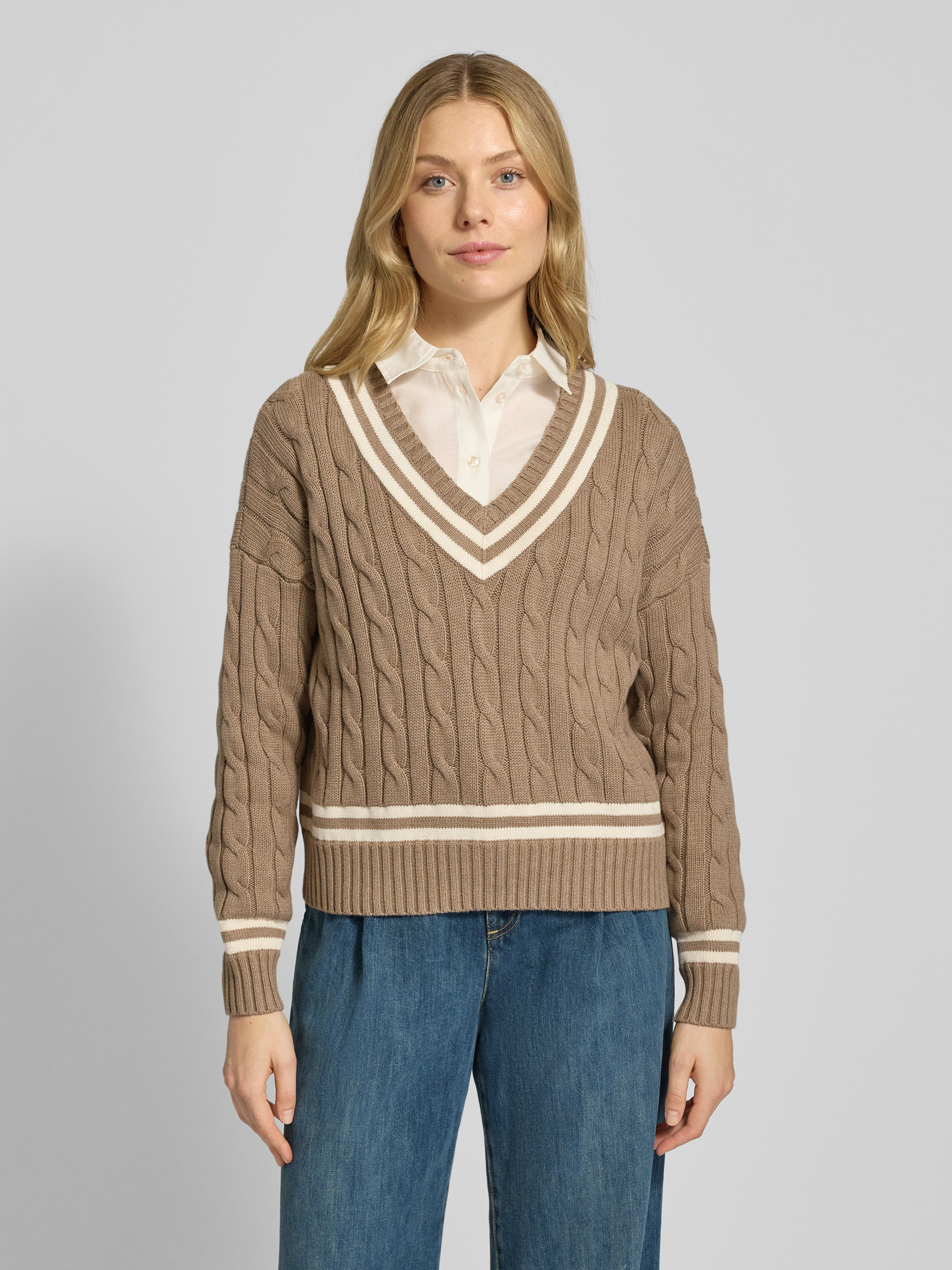 Lauren Ralph Lauren Strickpullover mit Zopfmuster und V-Ausschnitt ...