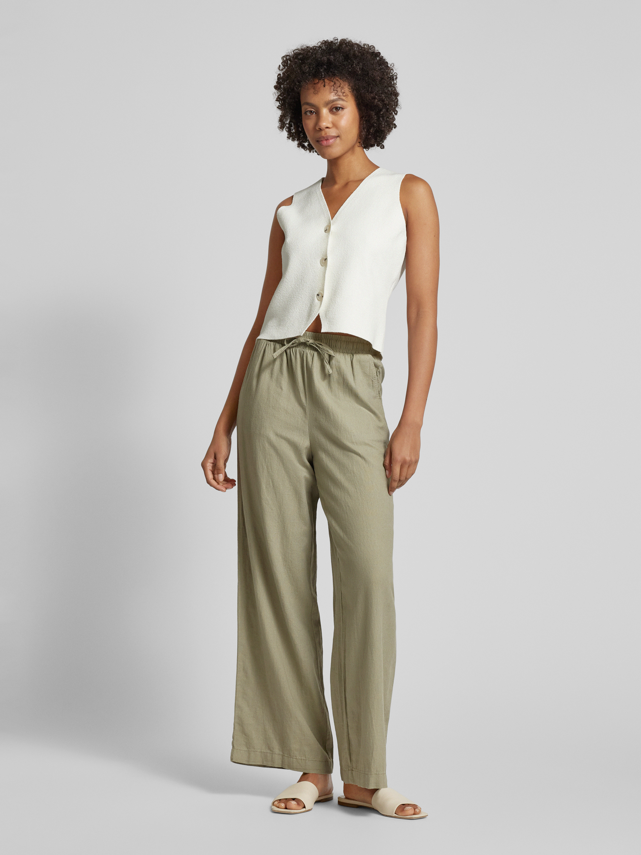 ICHI Wide leg linnen broek met bandplooien, model 'Lino' in rietgroen online kopen | P&C