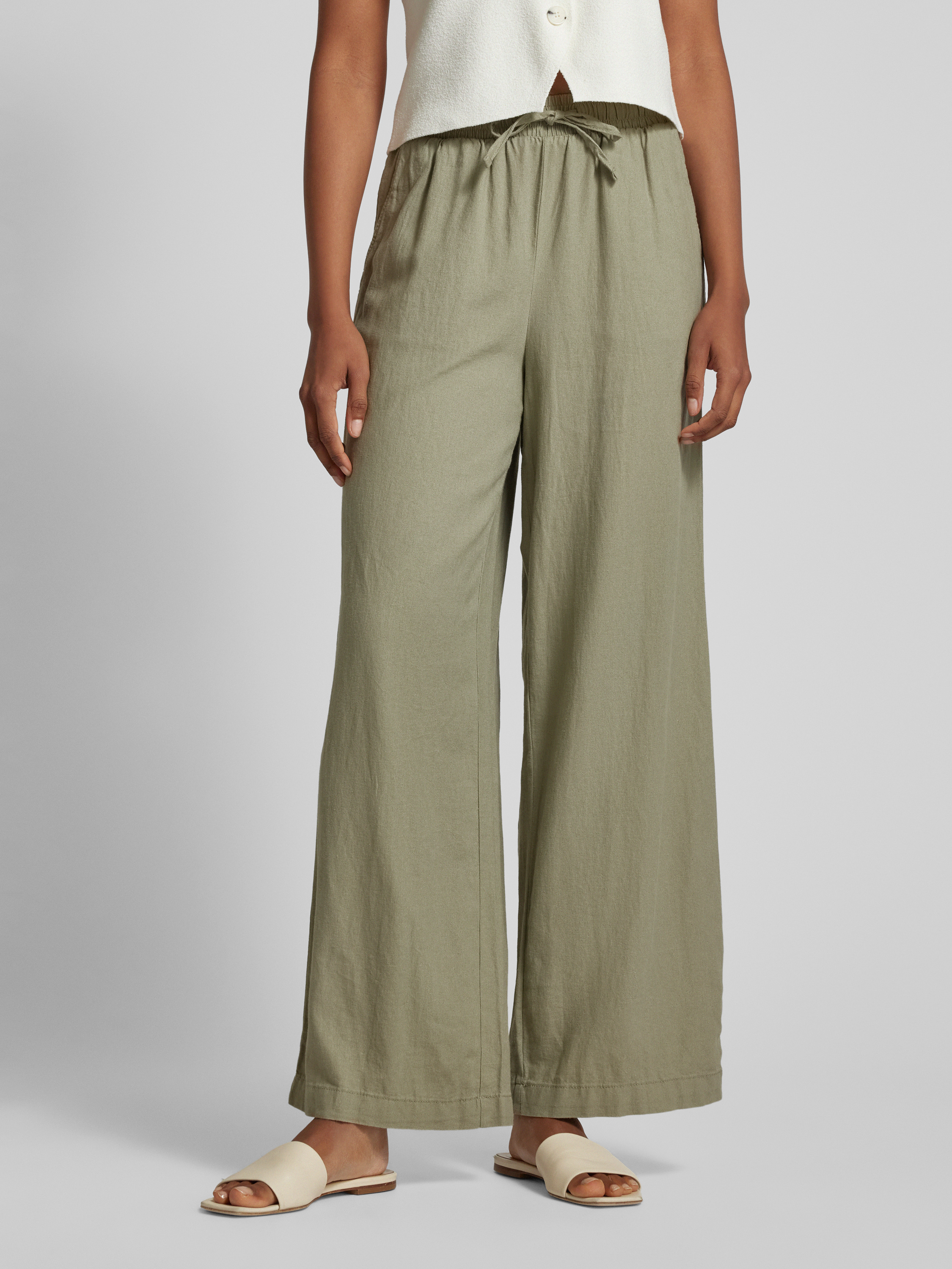 ICHI Wide leg linnen broek met bandplooien, model 'Lino' in rietgroen online kopen | P&C