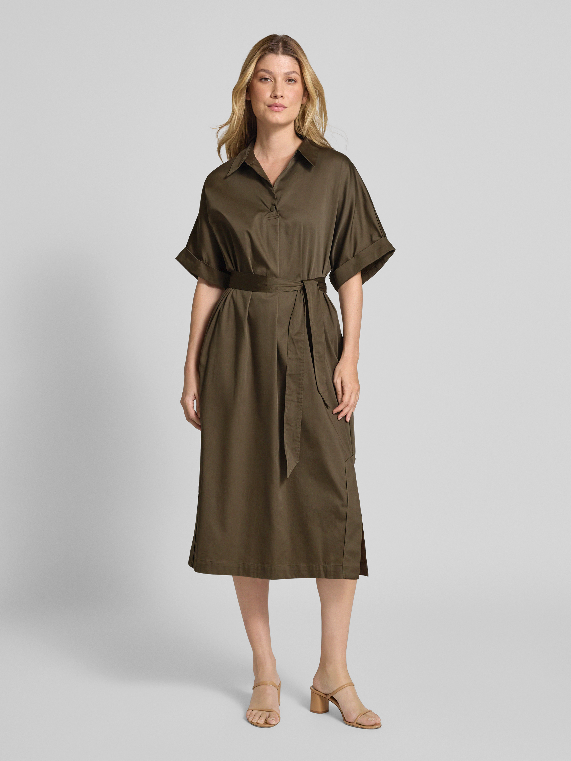 comma Midi-jurk met strikceintuur in olijfgroen online kopen | P&C