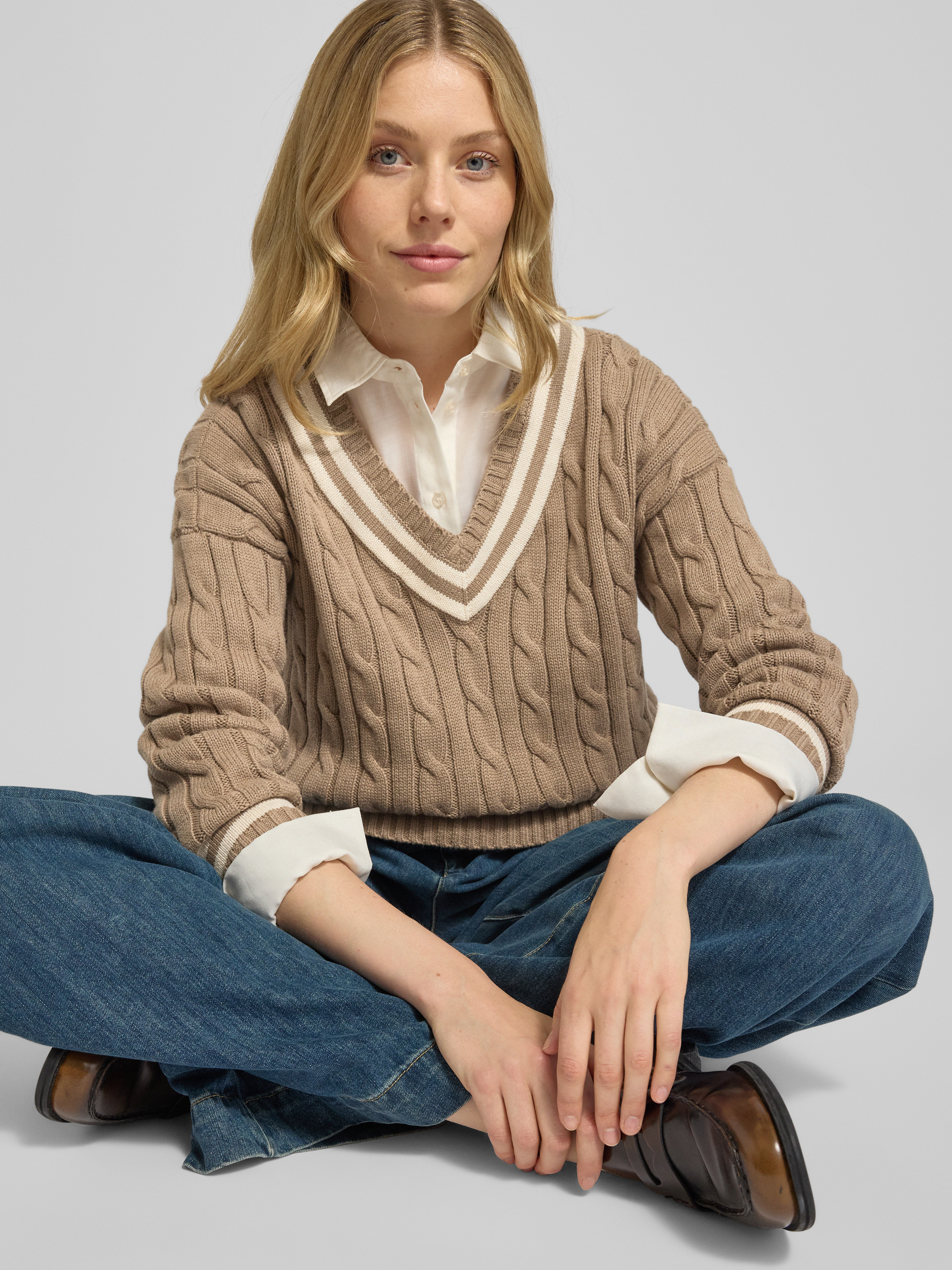 Lauren Ralph Lauren Strickpullover mit Zopfmuster und V-Ausschnitt ...