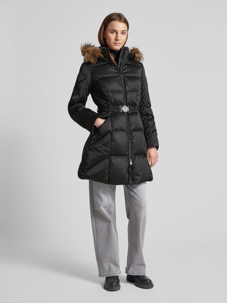 Guess Gewatteerde lange jas met imitatiebont, model 'NEW OLGA' in zwart ...