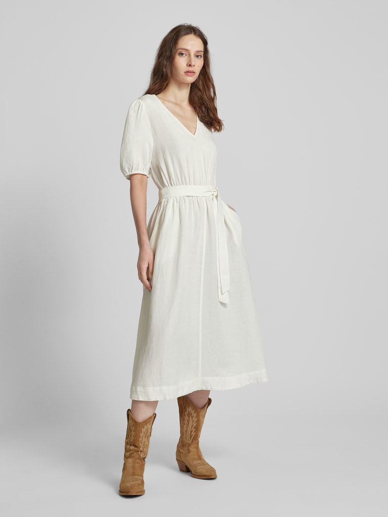 Esprit Midi-jurk van een mix van linnen en viscose met strikceintuur in offwhite online kopen | P&C