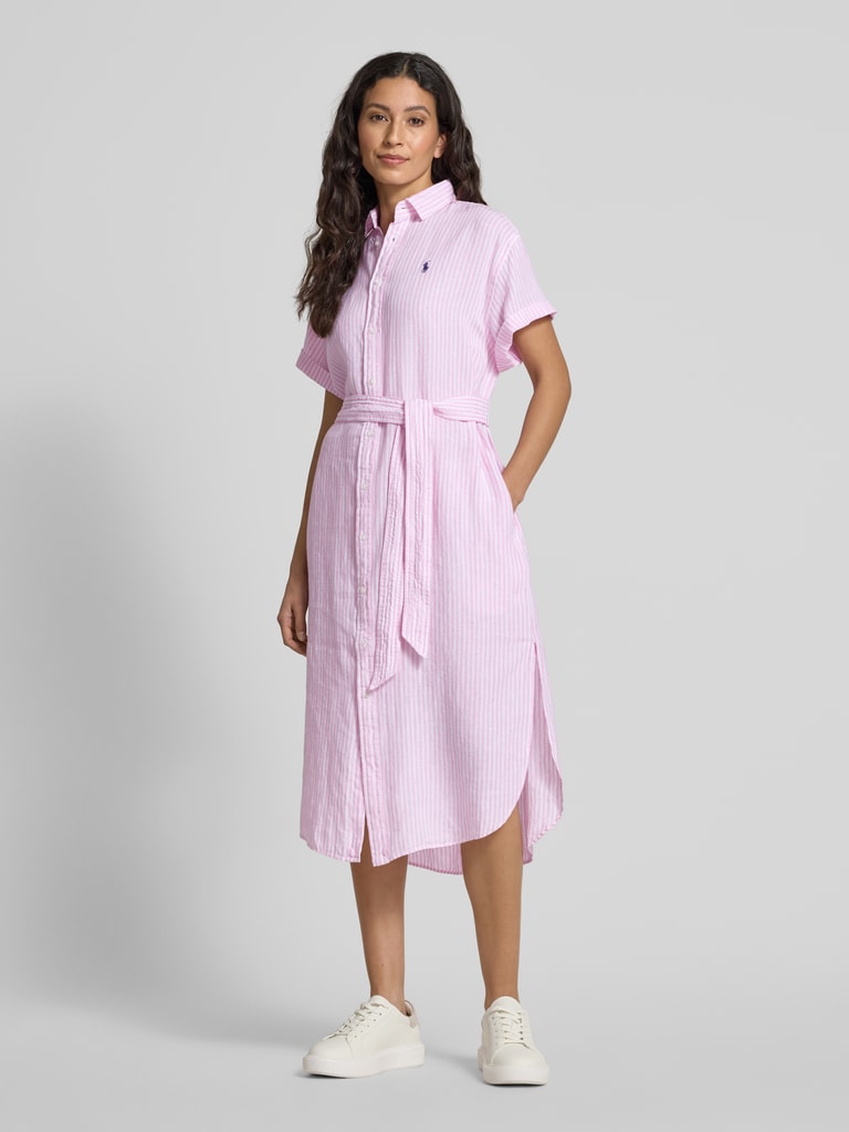 Polo Ralph Lauren Overhemdjurk van linnen met strikceintuur in felroze ...
