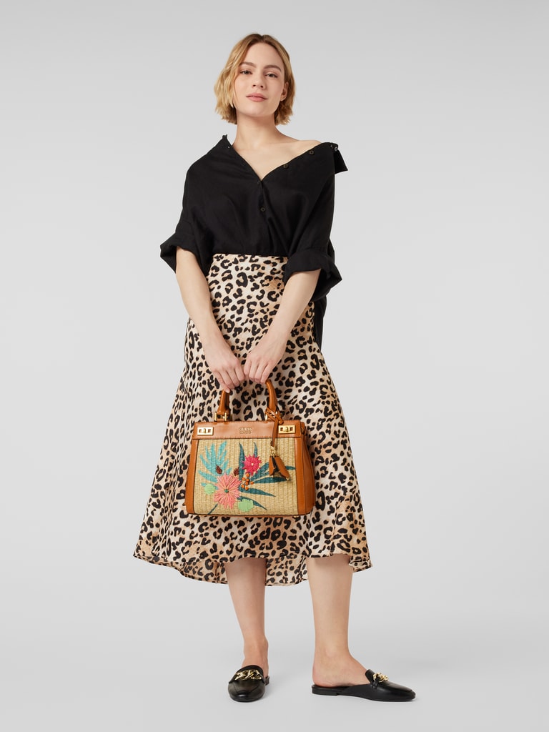 Guess Handtas in bastlook met bloemendetail, model 'KATEY' in cognac ...