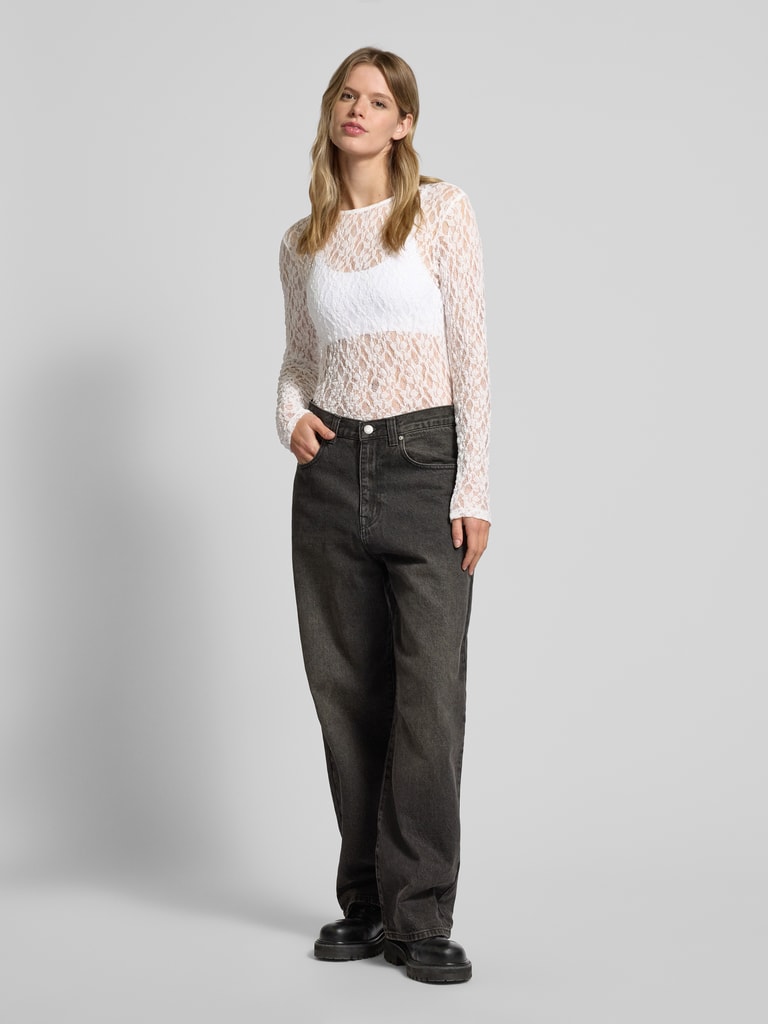 Kup online Pieces Bluzka z długim rękawem z efektem koronki model ‘HAZEL’ (złamany biały)