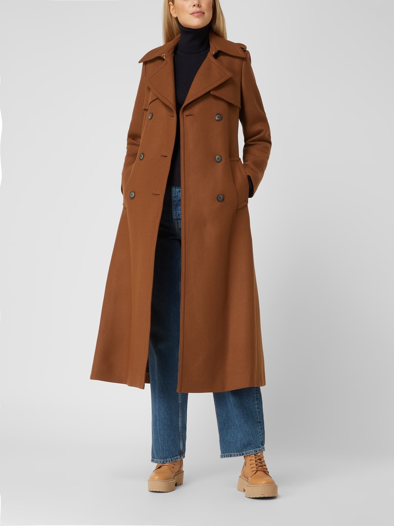 Ivy Oak Lange wollen jas met tailleriem, model 'Charlotte' in cognac ...