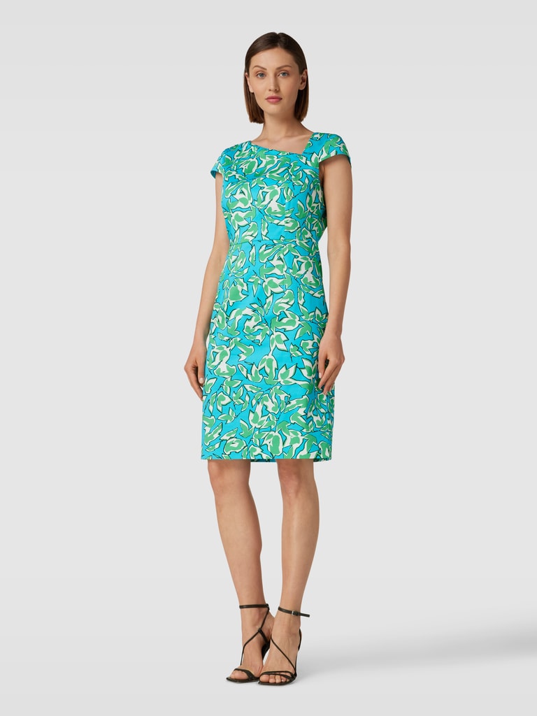 comma Knielange jurk met all-over motief in aquablauw online kopen | P&C