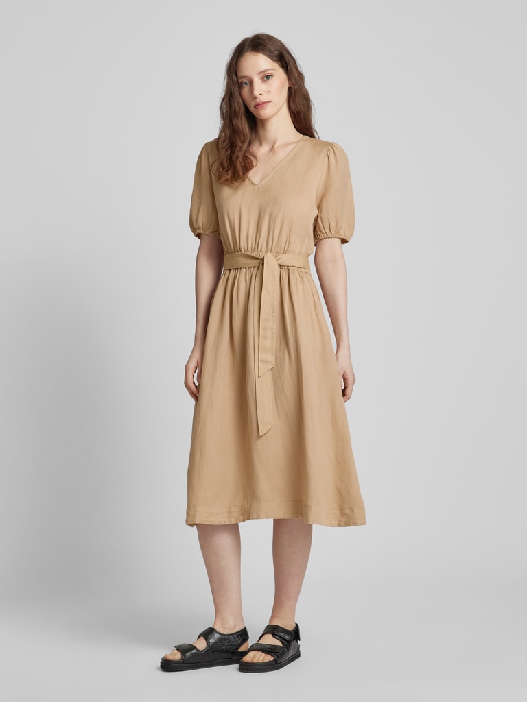 Esprit Midi-jurk van een mix van linnen en viscose met strikceintuur in beige online kopen | P&C