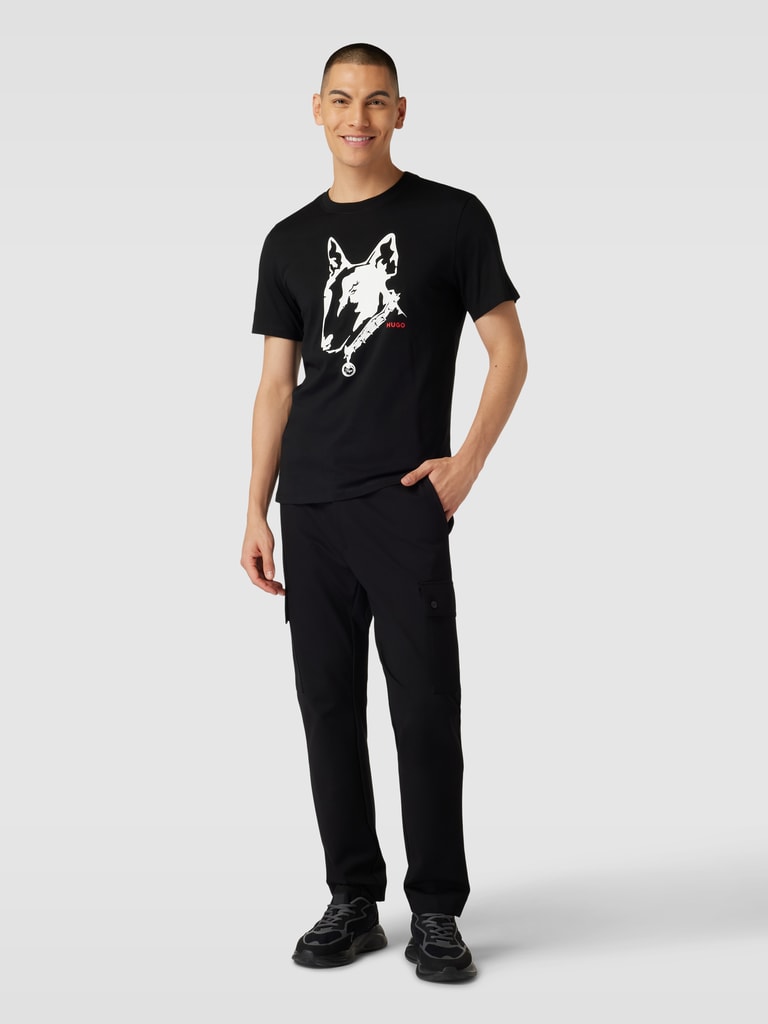 HUGO T-shirt met ronde hals en motiefprint in zwart online kopen | P&C
